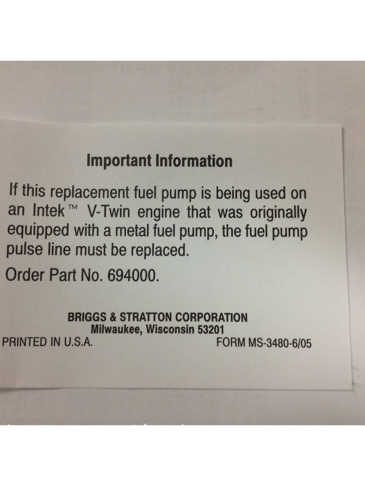 BRIGGS & STRATTON : # 692026 - PUMP-FUEL. Power Equipment Warehouse